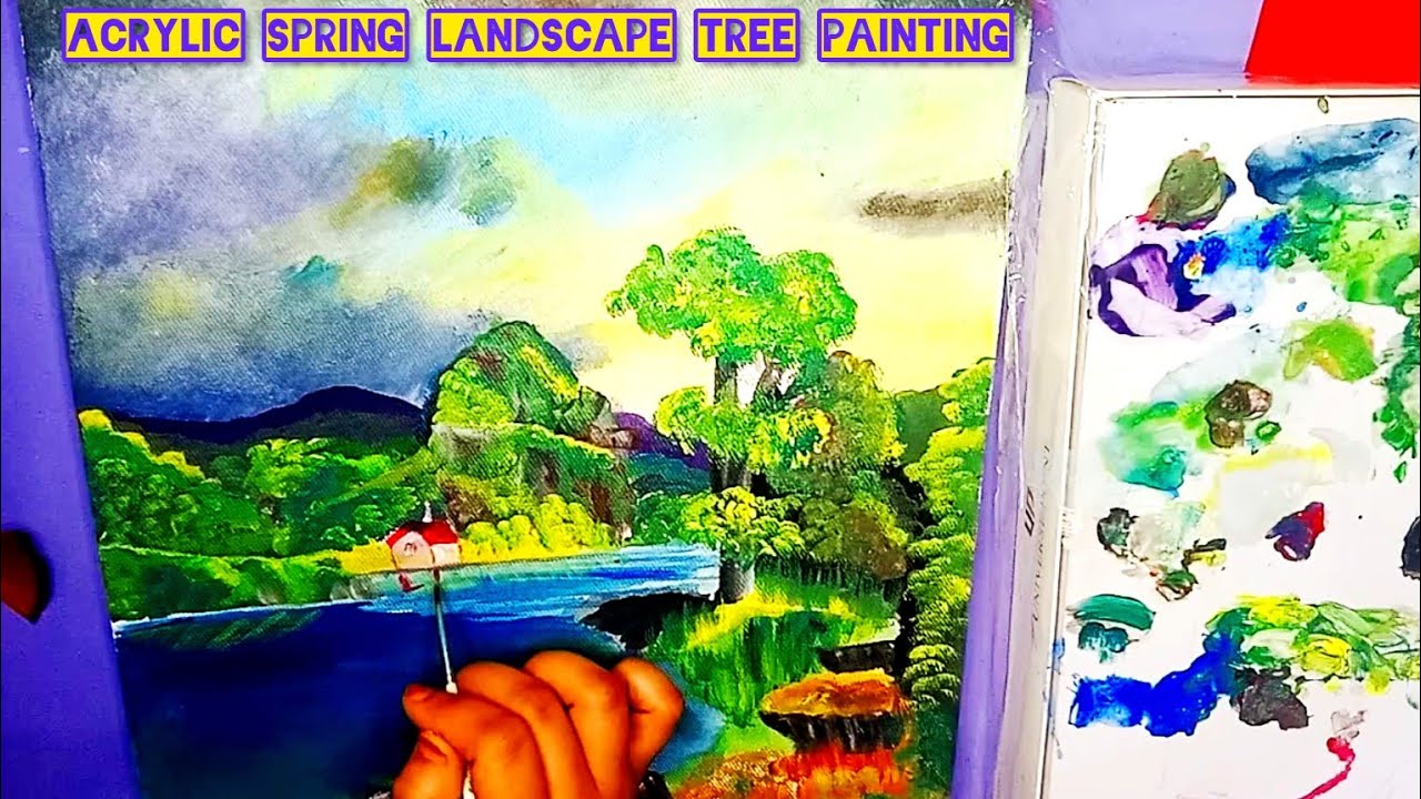 Landscape painting easy Tree🌳/ how to paint water with acrylic- Acrylic ...