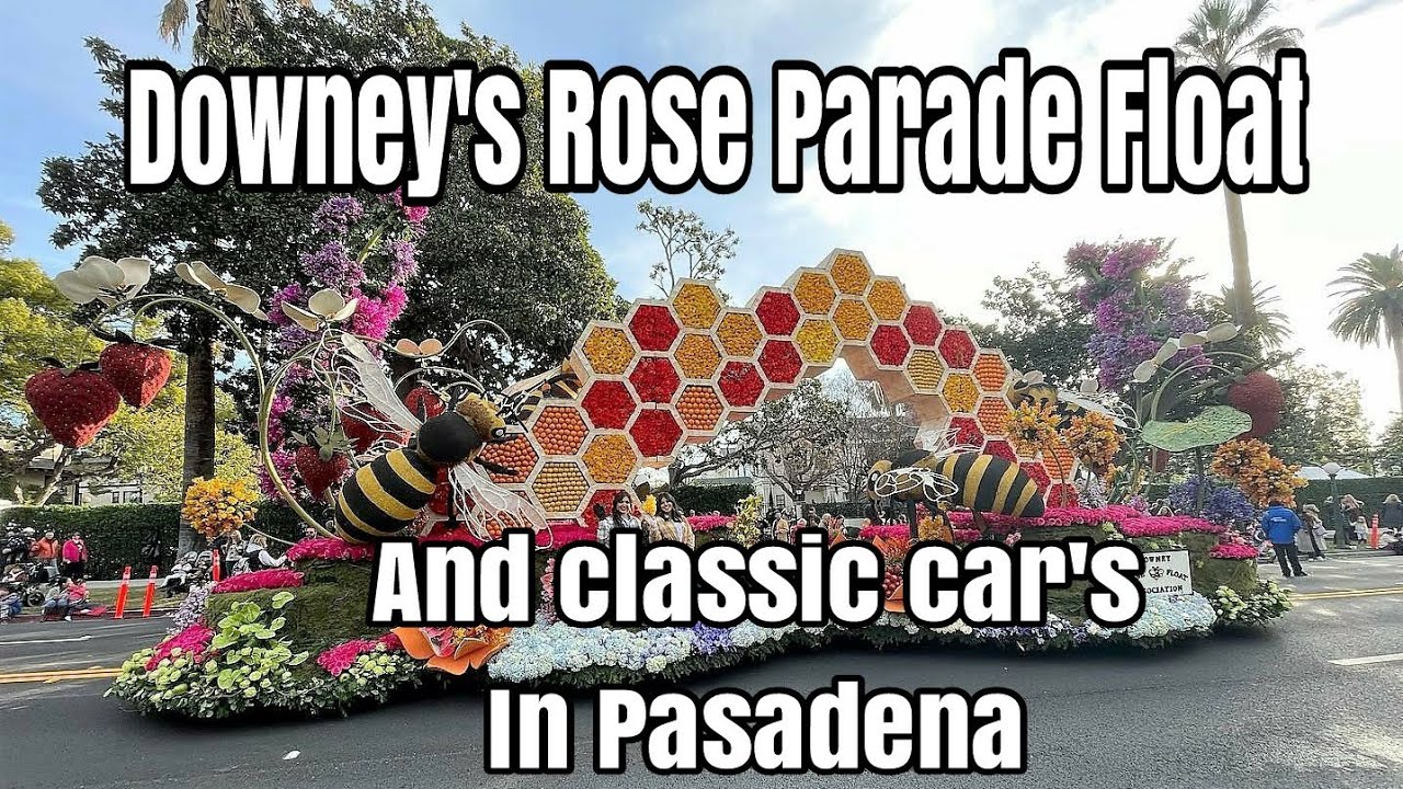 Downey's rose parade float and classic cars in Pasadena - YouTube