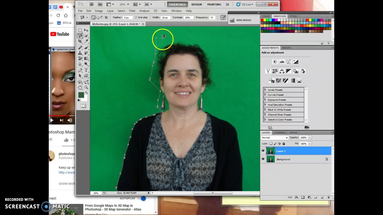 Removing green screen background beginning. Crop and magnetic lasso ...