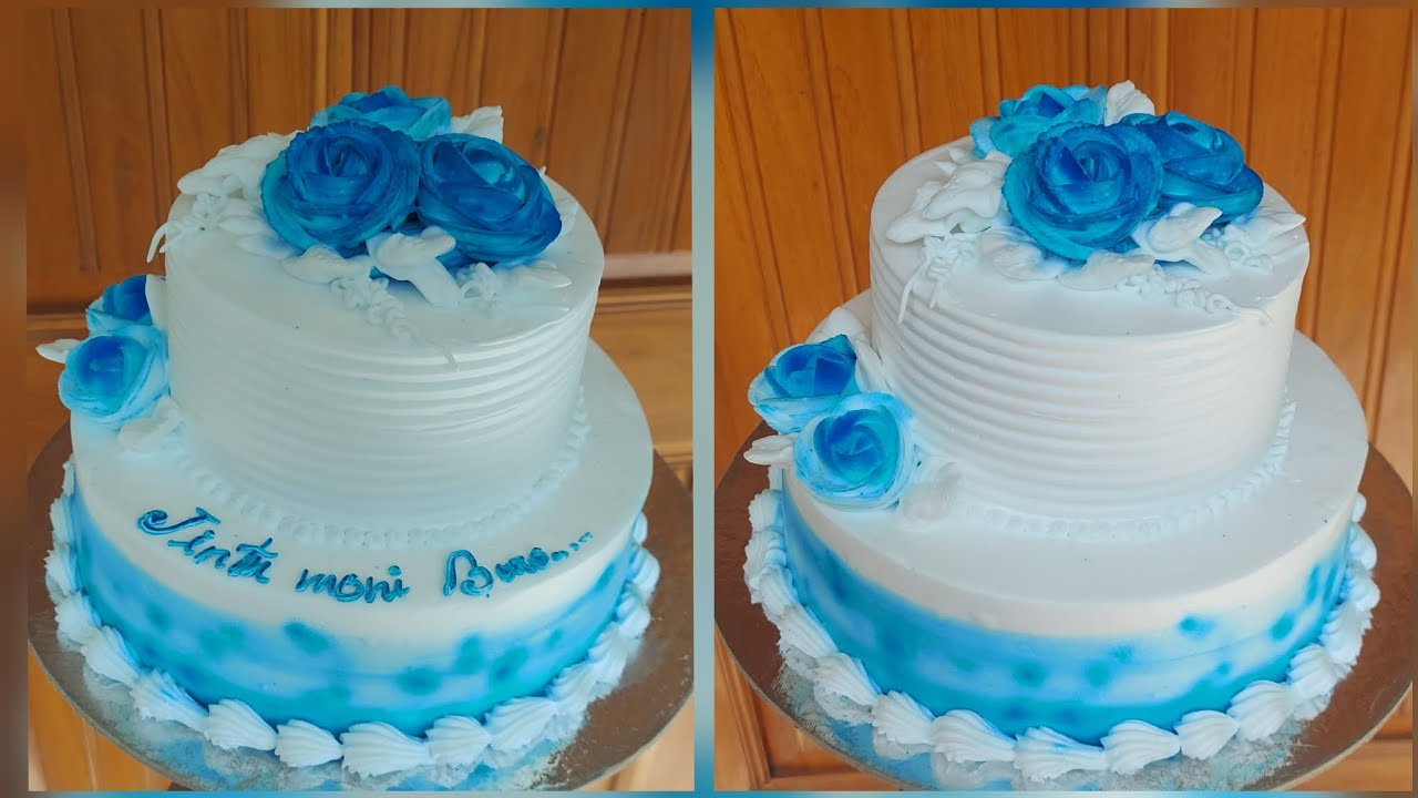 Icing cake decoration idea || two tire cake || Blue rose customized ...