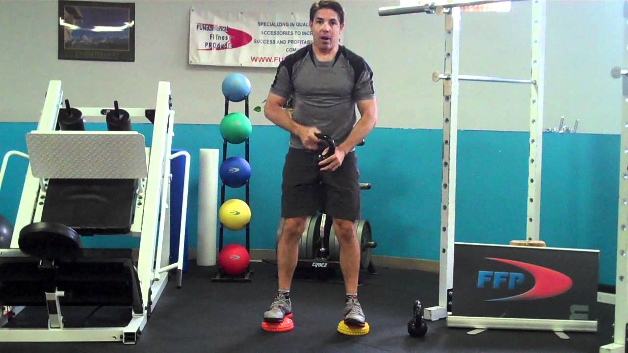 Balance Pod Squats and Kettlebell Curl to Press - YouTube