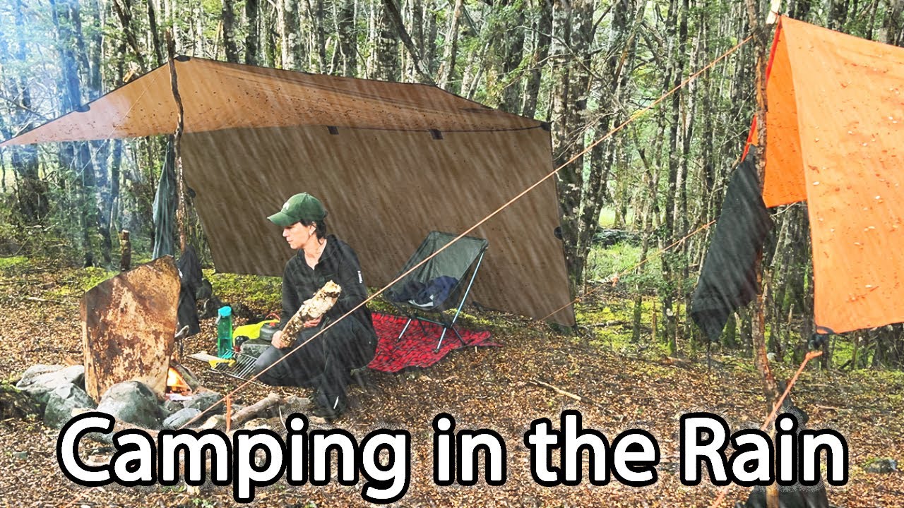 RAIN Camping with Roaring Campfire - awesome setup! - YouTube