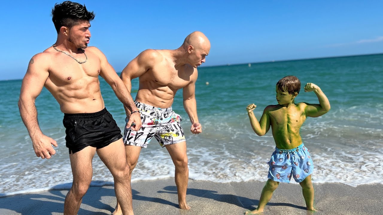 Little Hulk vs Bodybuilders on the Beach - YouTube