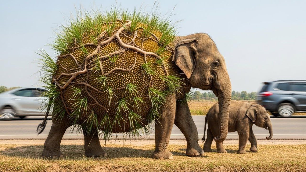 Mother Elephant Carries a Massive Plant Sphere — Stunning Moment ...