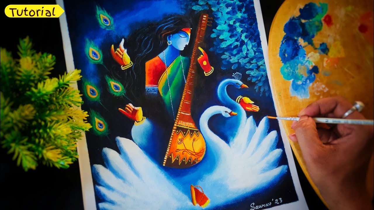 Devi Saraswati abstract acrylic painting।Saraswati Vandana। Veena ...