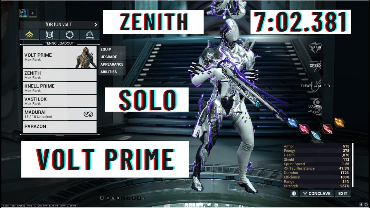WARFRAME | Volt Prime | Solo Tridolon | Citrine's Patch 7:02.381 Last ...