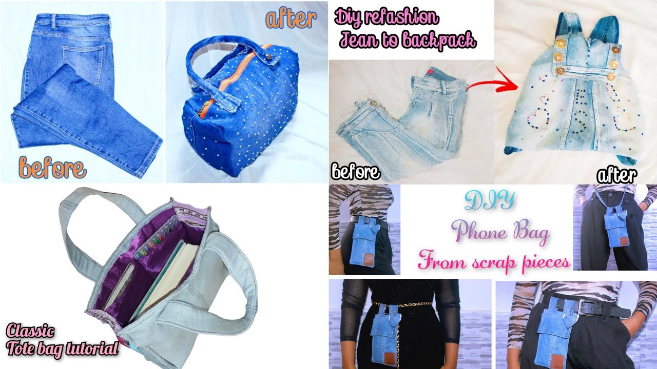 DIY 4 Denim Bags Out of Old Jeans / Old Jeans Transformation Ideas ...