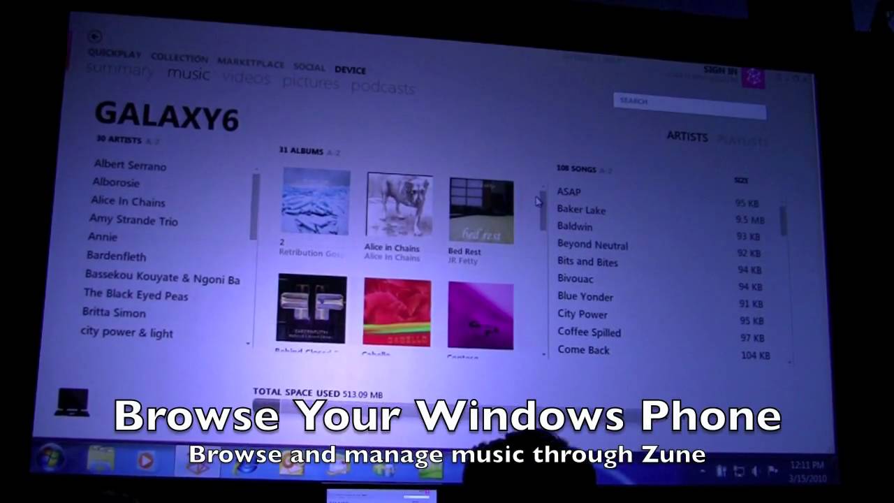 Zune integration on Windows Phone 7 Series - YouTube