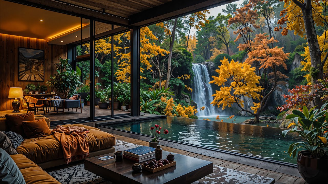 Waterfall Lounge Jazz 🍁 Autumn Forest Villa Retreat & Gentle Jazz for ...