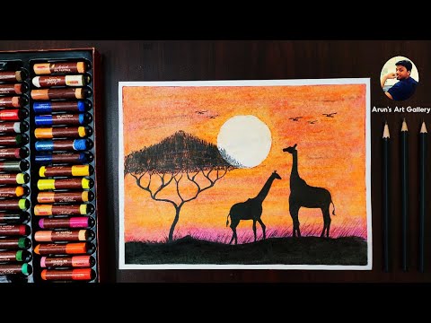 How to draw Giraffe in sunset with Oil Pastels - YouTube