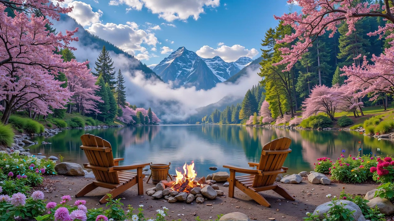 Peaceful Spring Piano Music Lake View 🌿🌺 Soothing Campfire with Nature ...