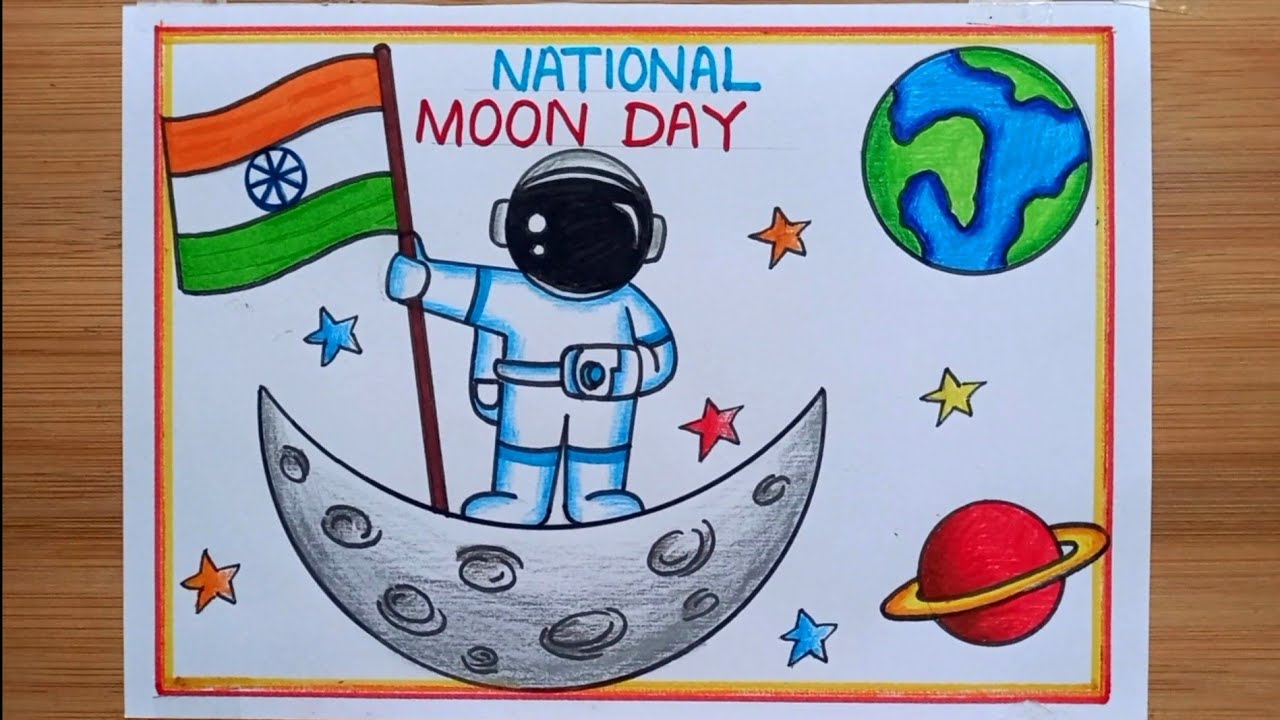 National Moon Day Poster Drawing Easy/Chandra Dinam Poster Making/How ...