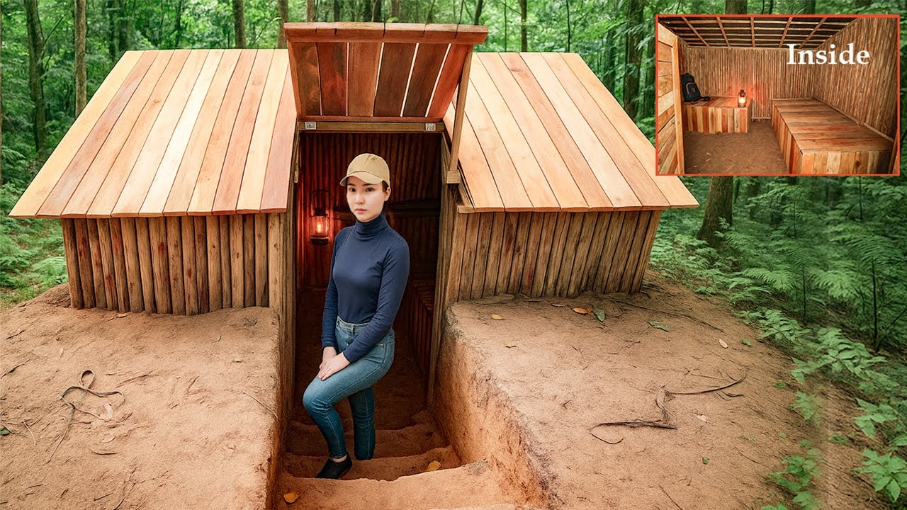 Building A Completes Underground Wooden House in the Forest, Relaxing ...