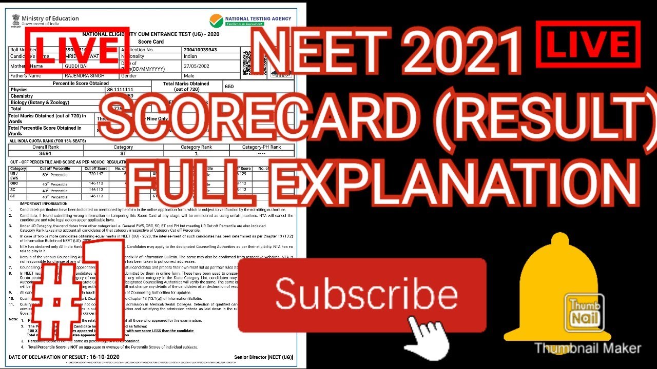 NEET UG RESULT (SCORECARD) 2021 FULL EXPLANATION OF 2020 PATTERN ALL ...