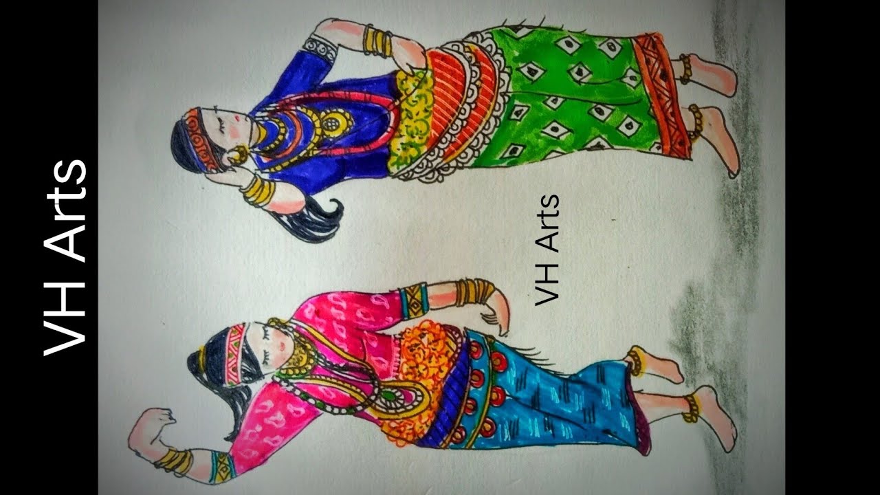 Tribe of Arunachal #dance of two sisters#Pradesh colored Drawing ...