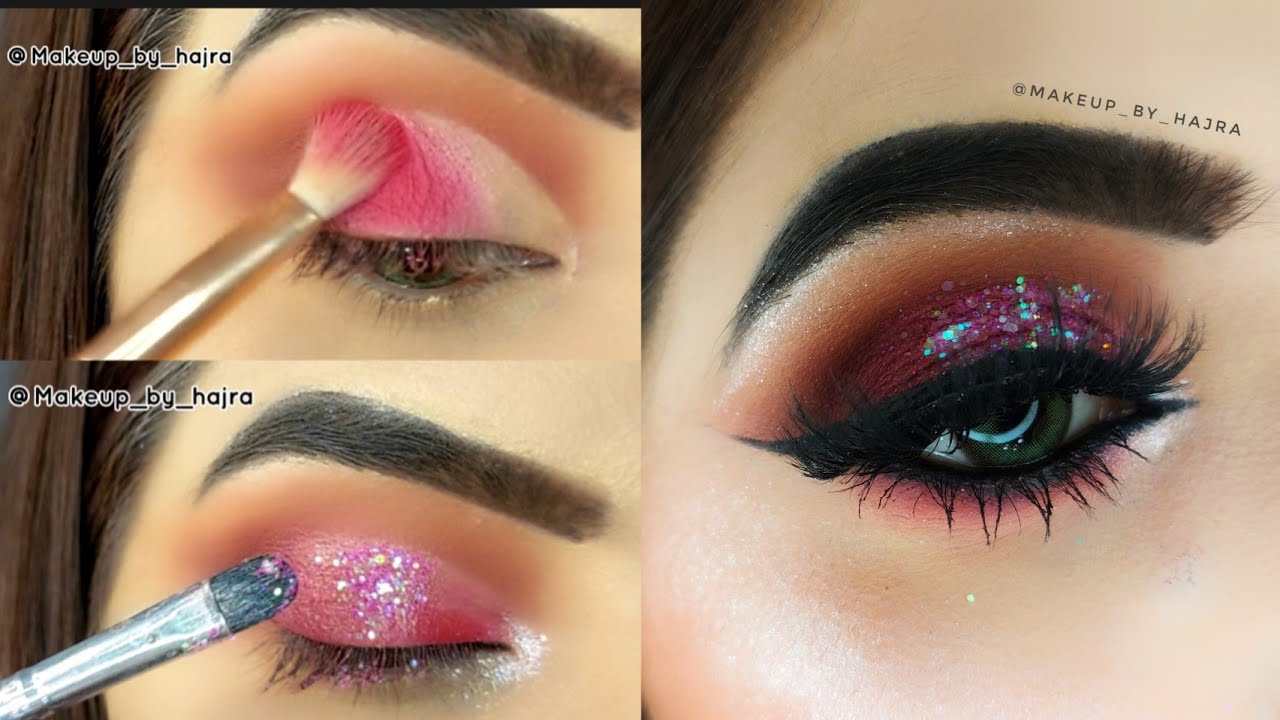 Pink Glittery eye Makeup tutorial | party eye makeup step by step | how ...