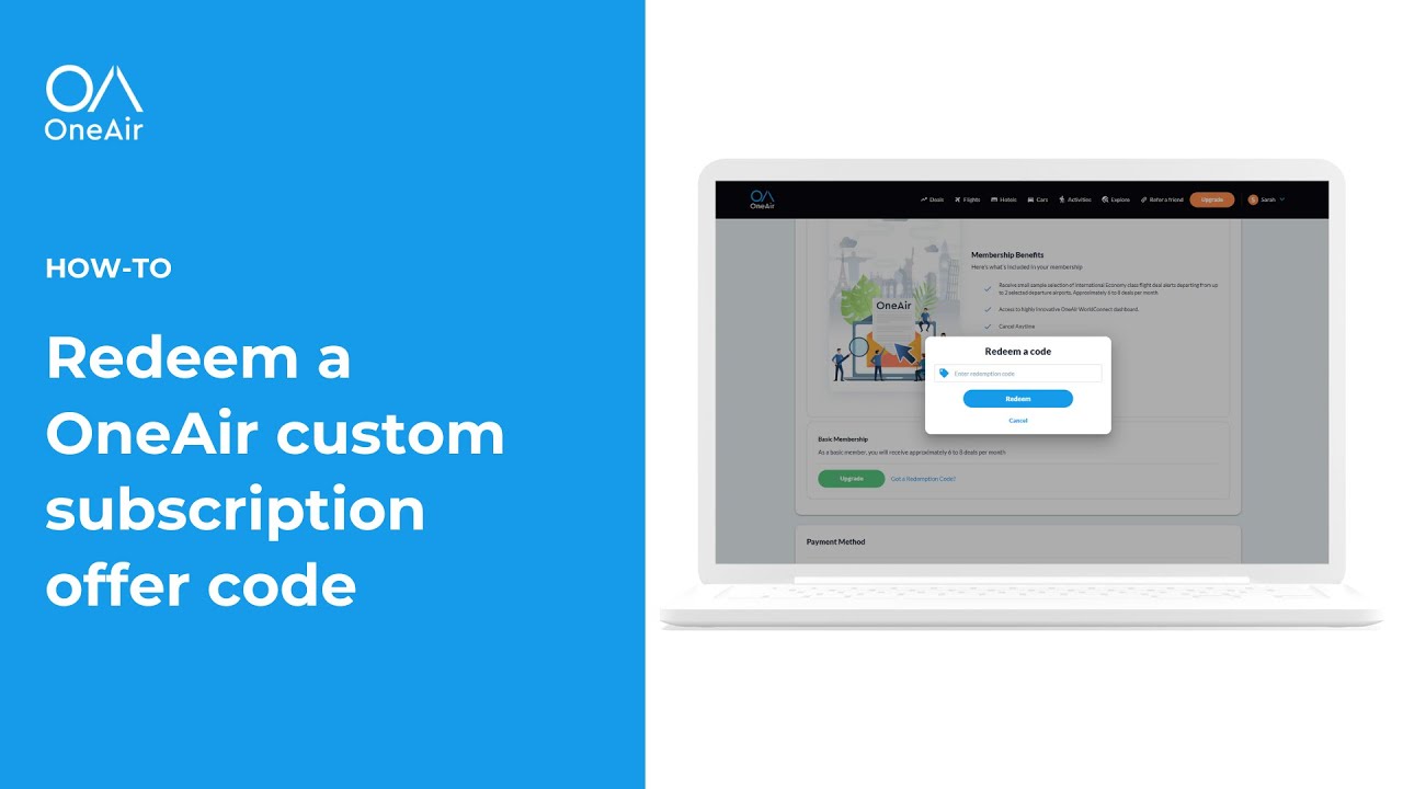 Redeem a OneAir custom subscription offer code - YouTube