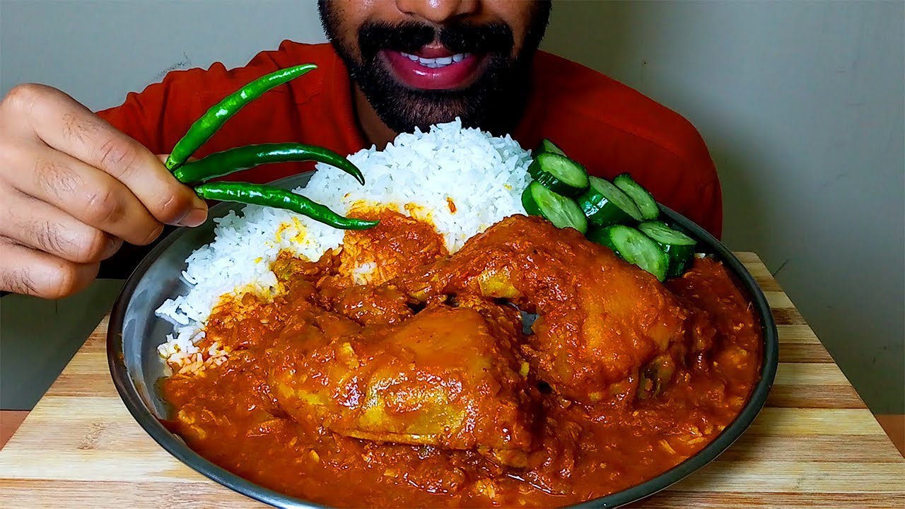 Spicy Chicken Leg Piece | White Rice With Green Cilli Eating Show|# ...