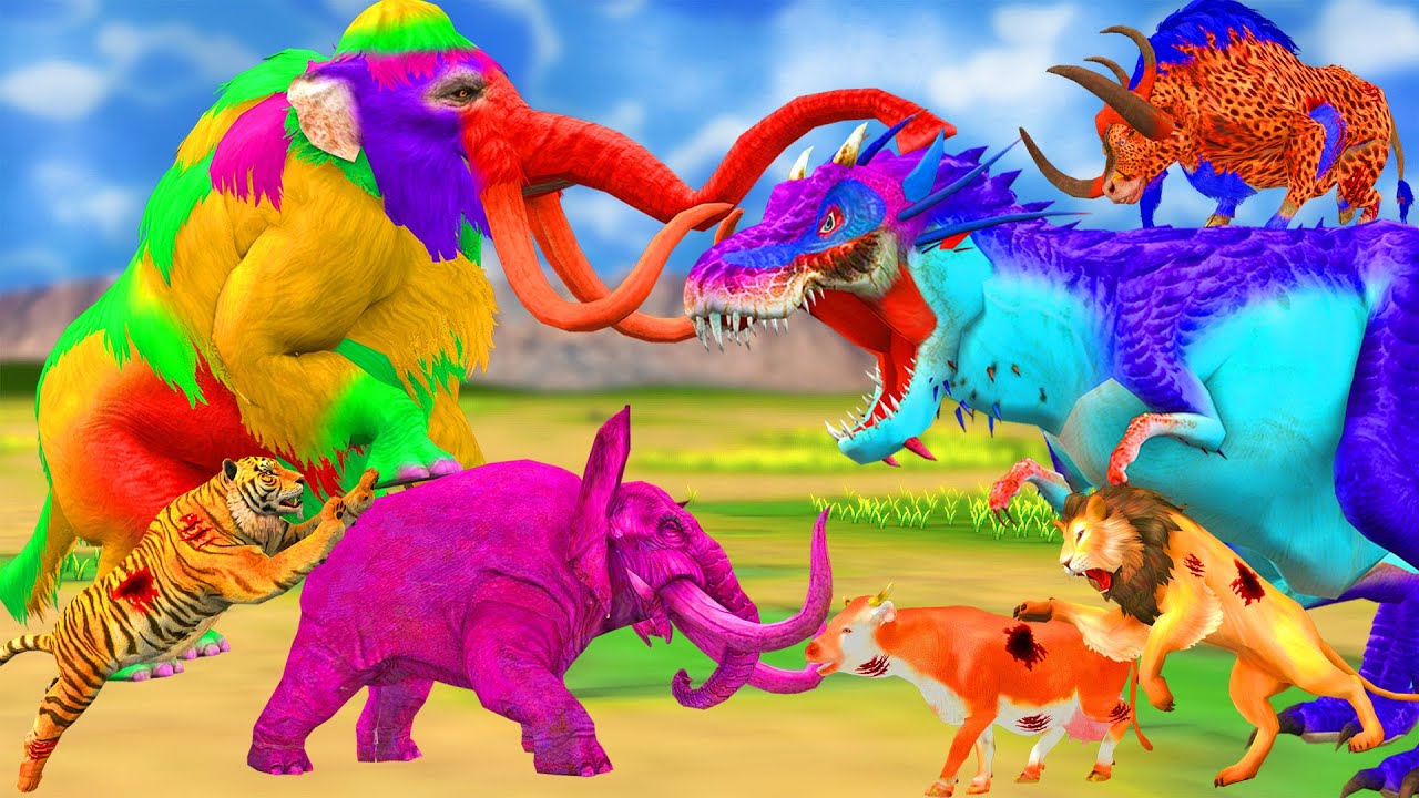T-Rex Dinosaur vs Cow Bull Elephant Lion Tiger Mammoth Helps Rescue ...