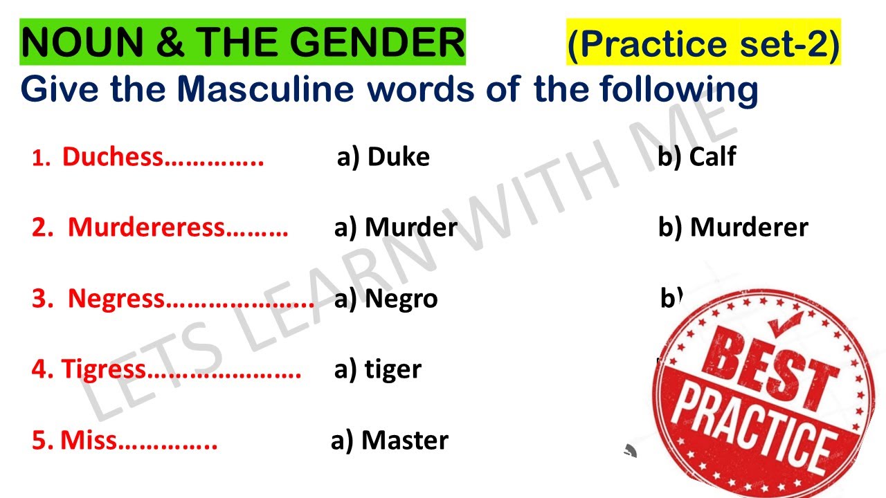 Noun & The Gender | Practice set- 2 | Masculine Feminine Gender ...