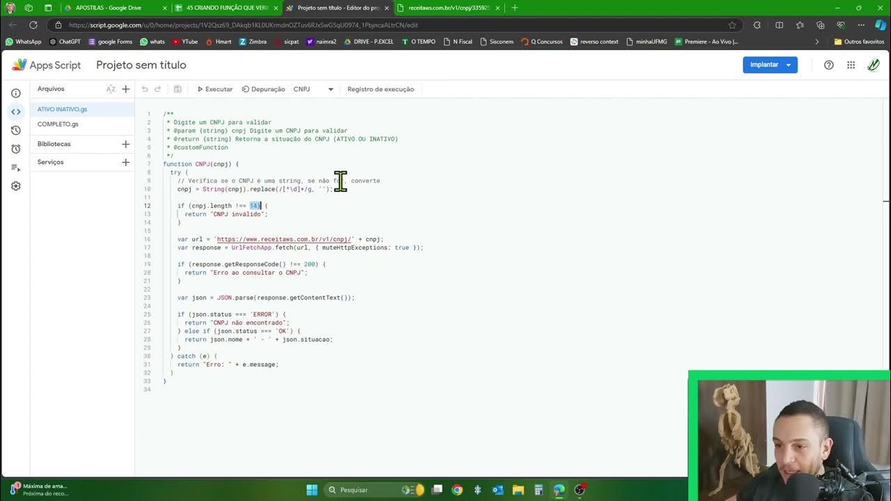 AULA 47 VALIDANDO CNPJ NO SITE OFICIAL DA RECEITA USANDO GOOGLE PLANILHAS - YouTube