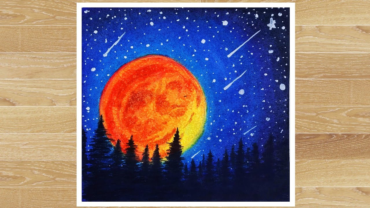 A Moonlight drawing with oil pastels for beginners || fullmoon night ...