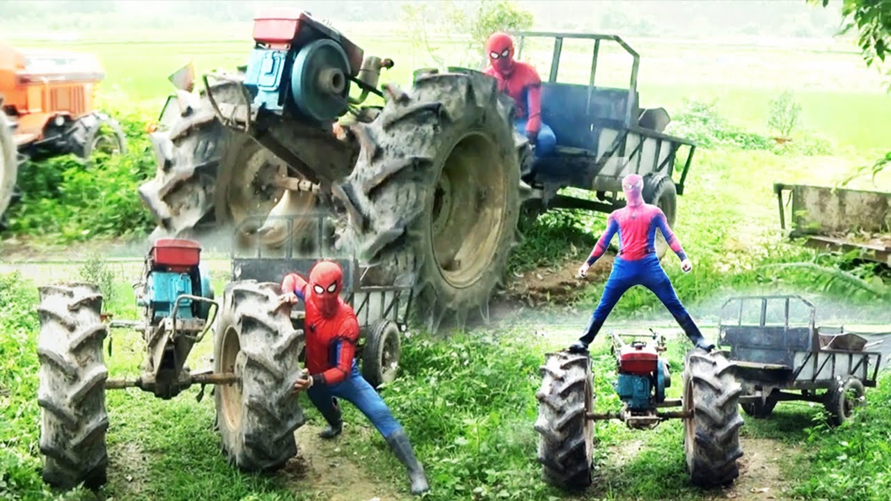 SUPER HERO | Spider-man drives a tractor with huge tires uphill - YouTube