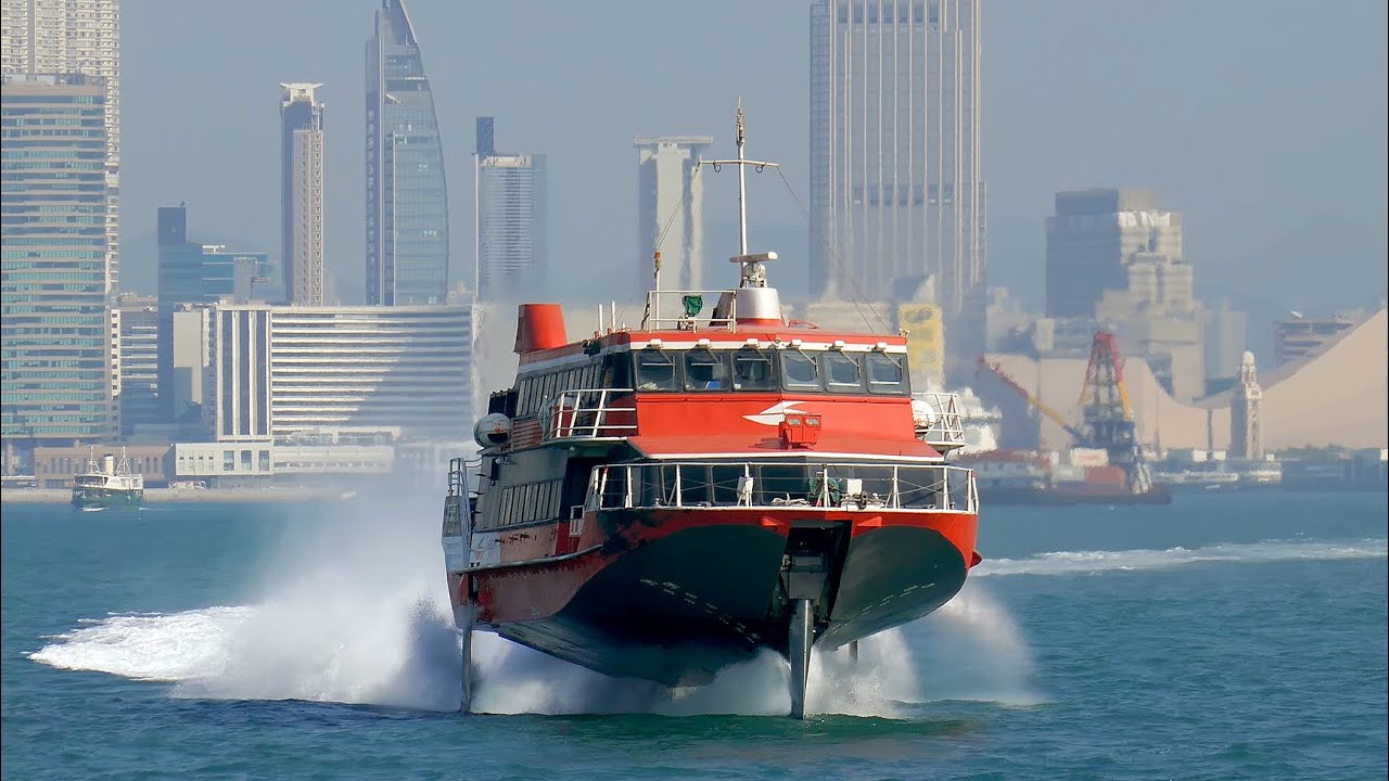 Boeing Jetfoil 929-115 "LILAU" take off and outbound Hong Kong Victoria ...