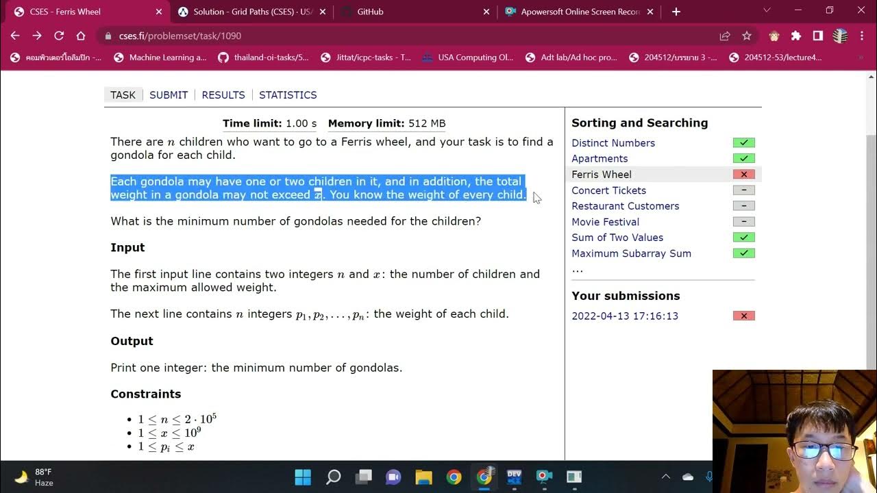 Coding - CSES 1090 Ferris Wheel (misunderstood the problem) + some voice - YouTube