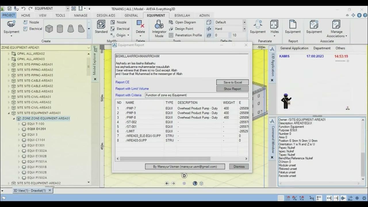 BISMILLAH : EQUIPMENT REPORT IN AVEVA E3D & PDMS - YouTube