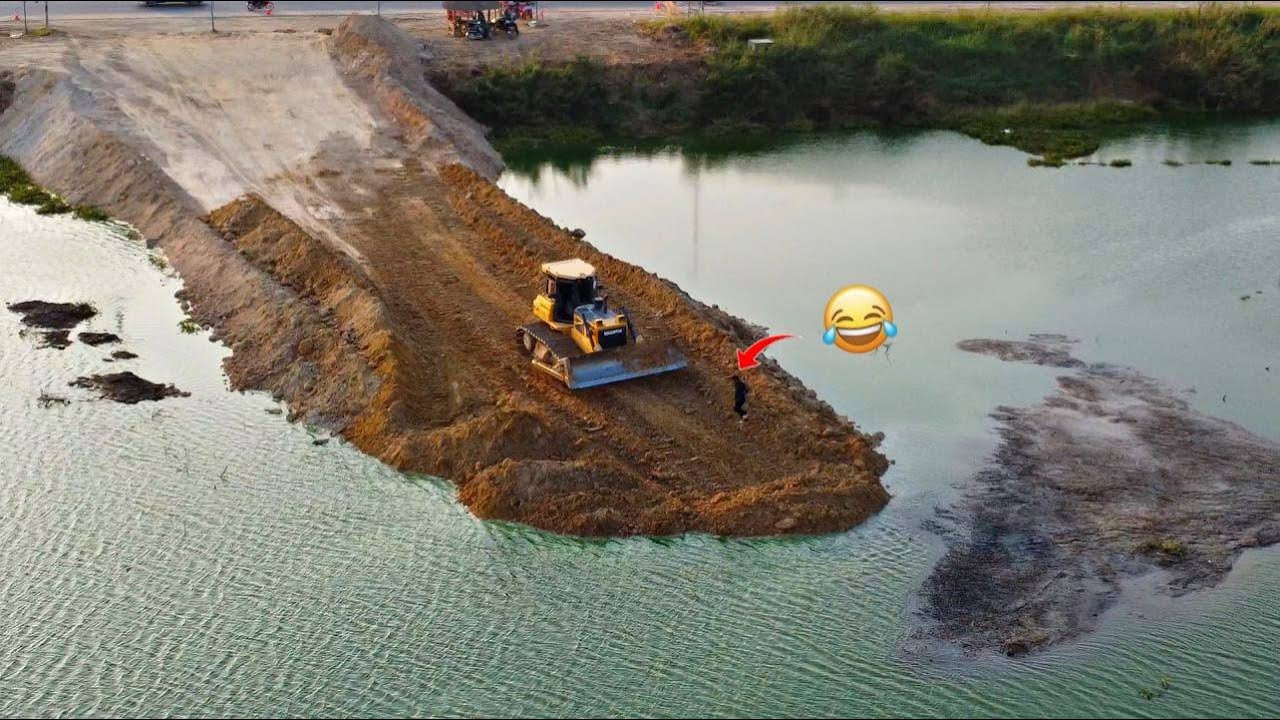 Build a Road Crossing The Water With Komatsu Dozer And 5T Dump Truck ...