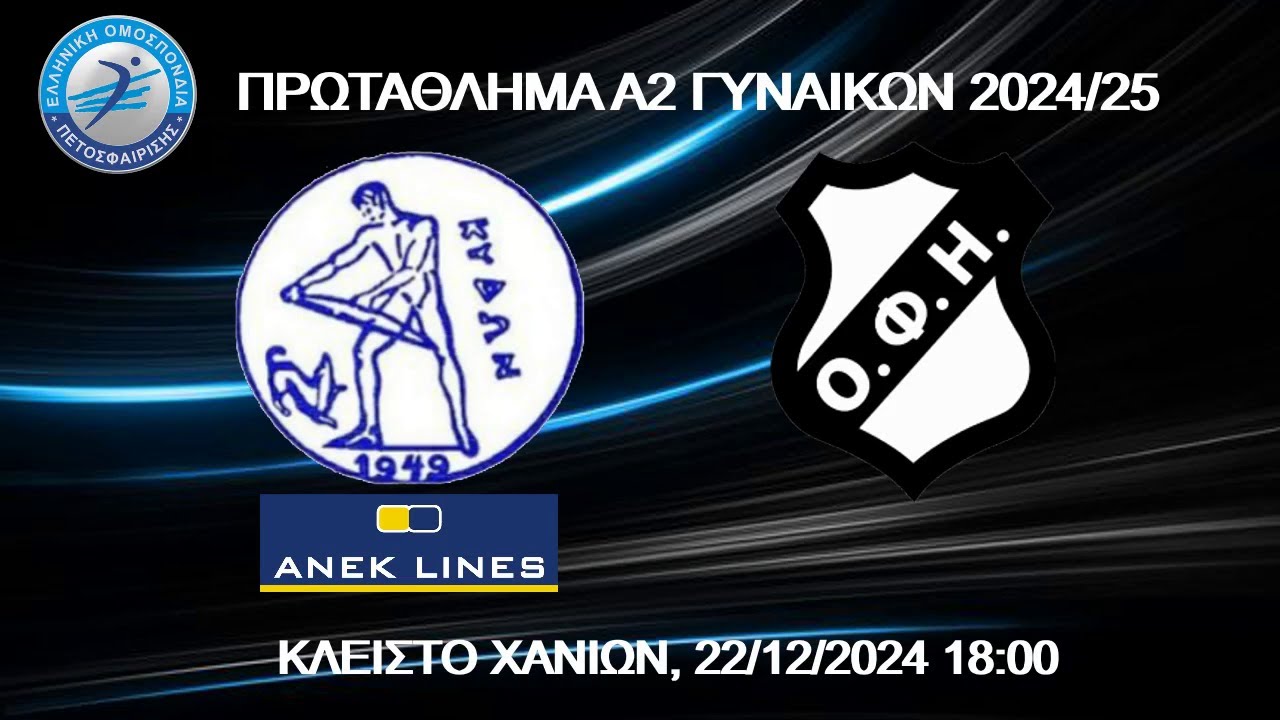 ΑΟ Κύδων - ΟΦΗ, Α2 Εθνική Κατηγορία Γυναικών, 22/12/2024 18:00 - YouTube