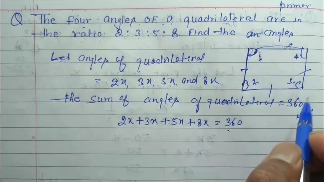 The four anles of a quadrilateral are in ratio 2: 3 : 5 : 8 Find the ...