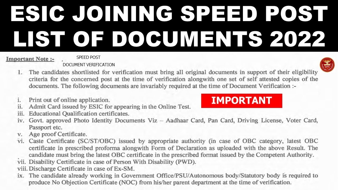 ESIC DOCUMENT VERIFICATION SPEED POST LETTERS AND DOCUMENTS ESIC LIST ...