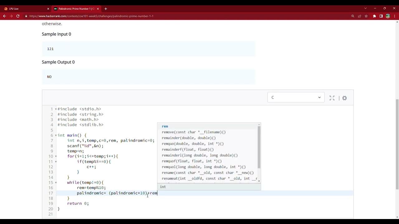 Palindromic Prime Number 1 Cse101 Week5 Question Hackerrank Youtube