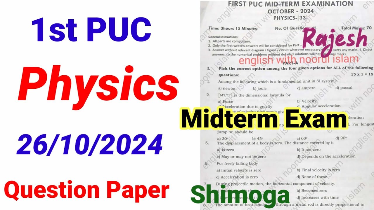 1st PUC Physics Midterm Question Paper 2024 kseab - YouTube