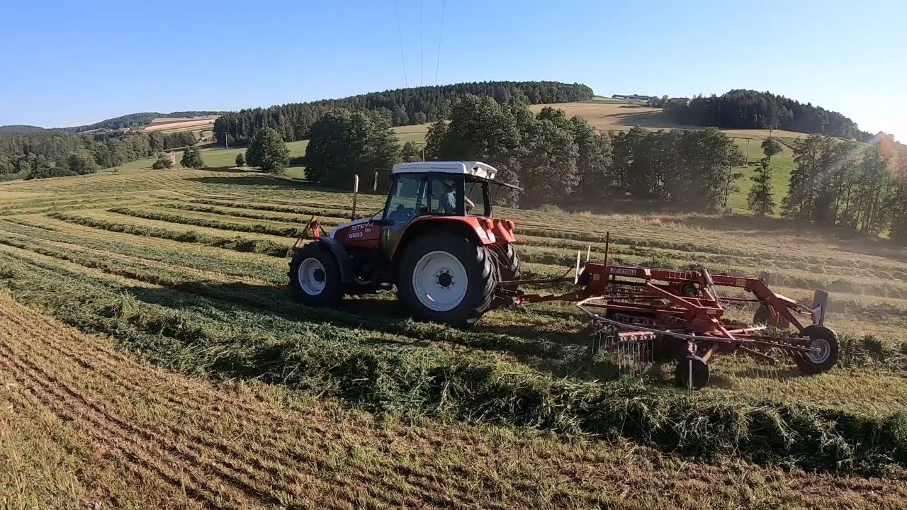 2. Schnitt 2019 // Schwaden mit Steyr 9083 und JF-Stoll Drive 655 ASL ...