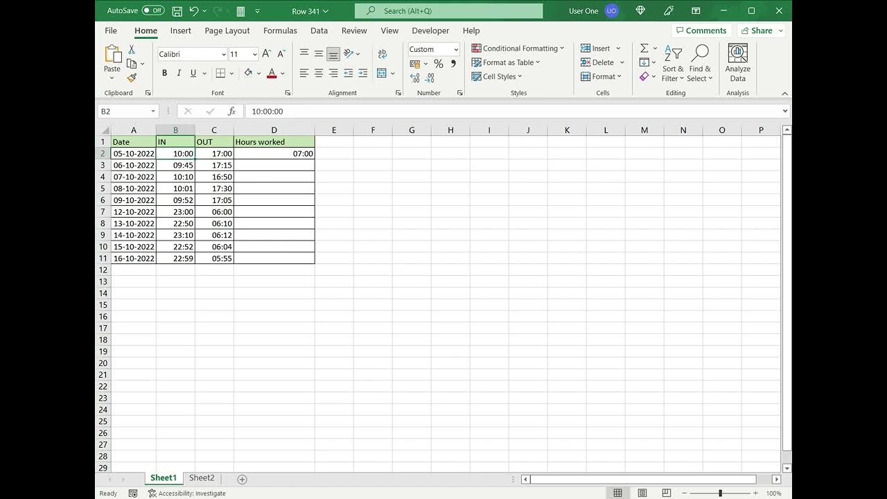 How to calculate hours worked in Excel using a 24 hour clock - YouTube