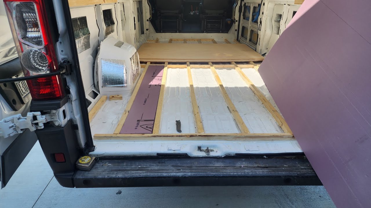 DIY subfloor foam board installation on a ram promaster - YouTube
