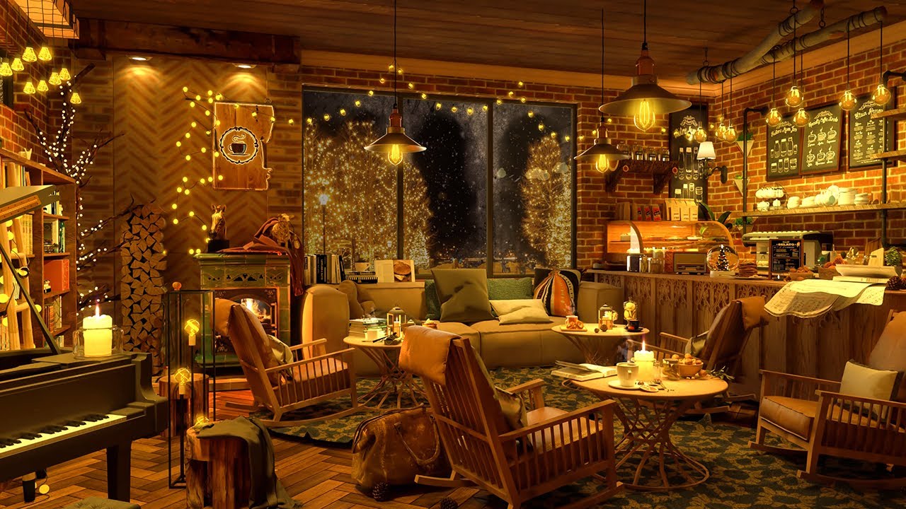 Snow Night on Window at Coffee Shop Ambience 4K ☕ with Relaxing Smooth ...