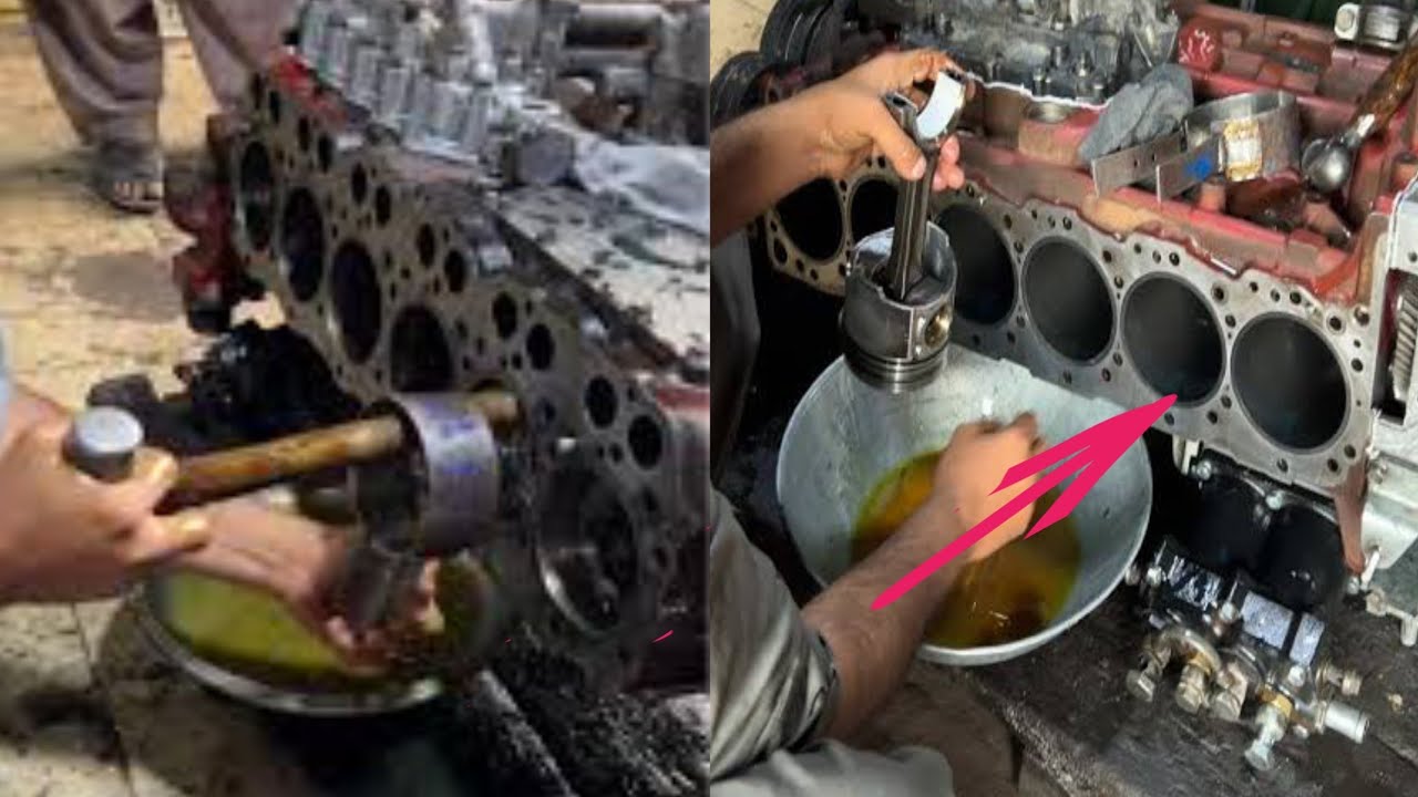 Piston assembly installation/Truck engine cylinder piston fitting/ truck engine piston ring ...