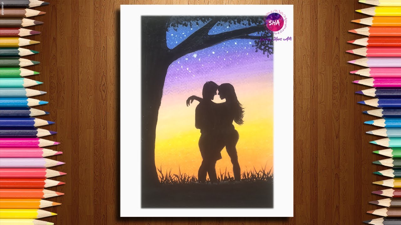 Easy Romantic Couple Scenery Drawing for beginners | How to draw a ...