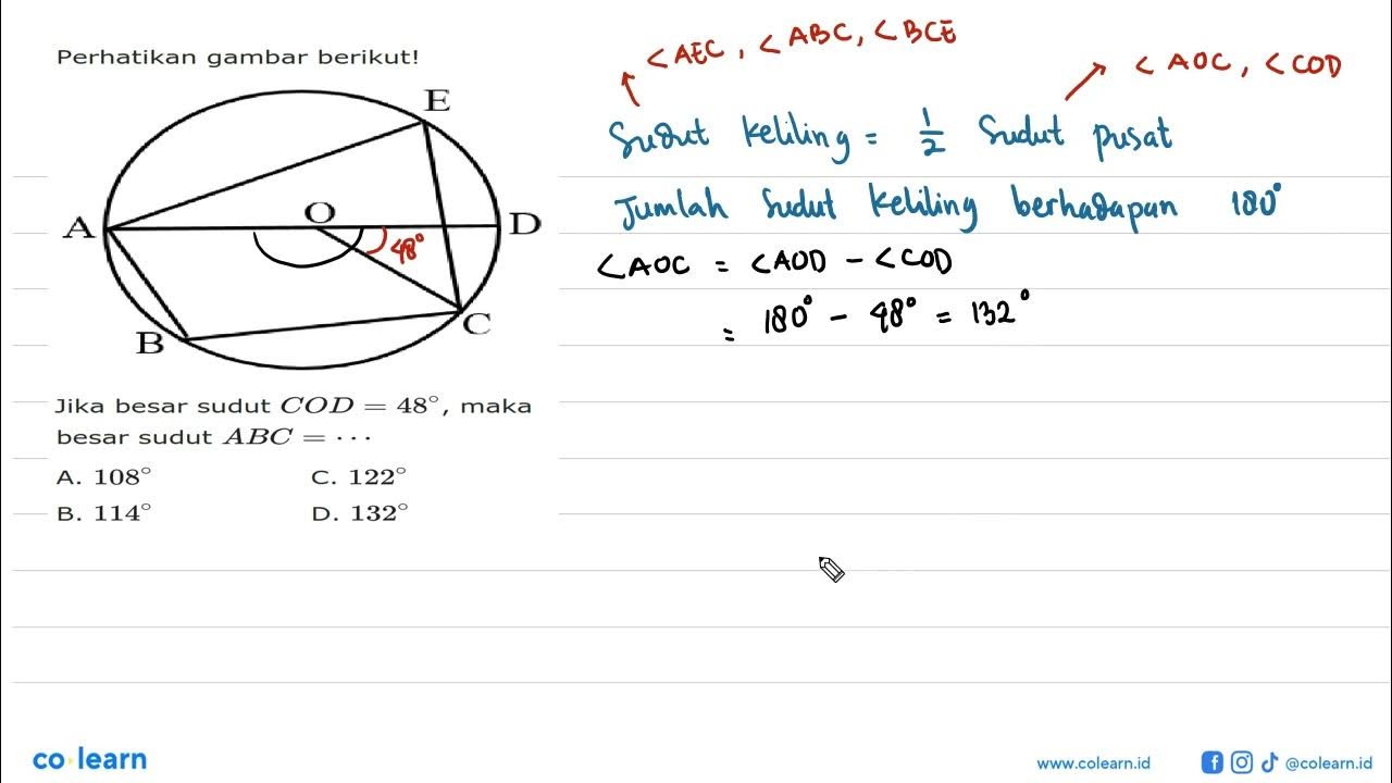Perhatikan gambar berikut! ABCDEO Jika besar sudut COD=48, maka besar sudut ABC=... - YouTube