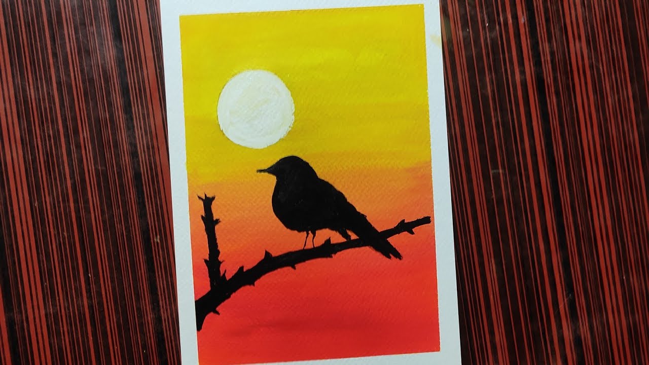 Morning scenery drawing with bird # sunrise scenery drawing# paint ...