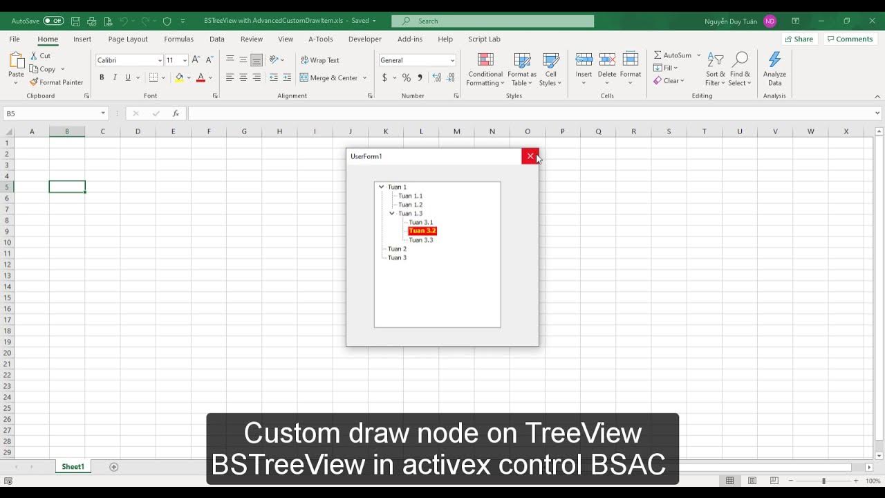 Custom draw nodes of TreeView in VBA - change Back Color of selected node - BSAC - YouTube