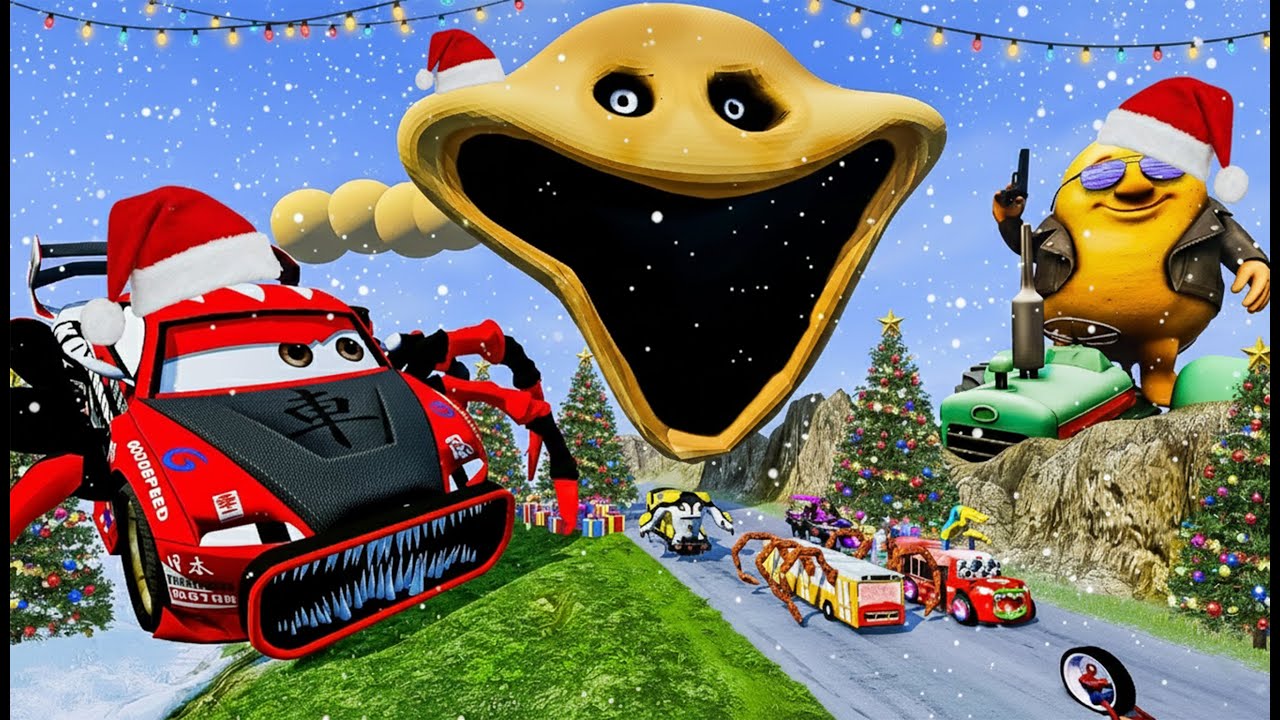 ALL MONSTER Big & Small Car Chrismas Downhill Madness with HUNGRY WORM ...