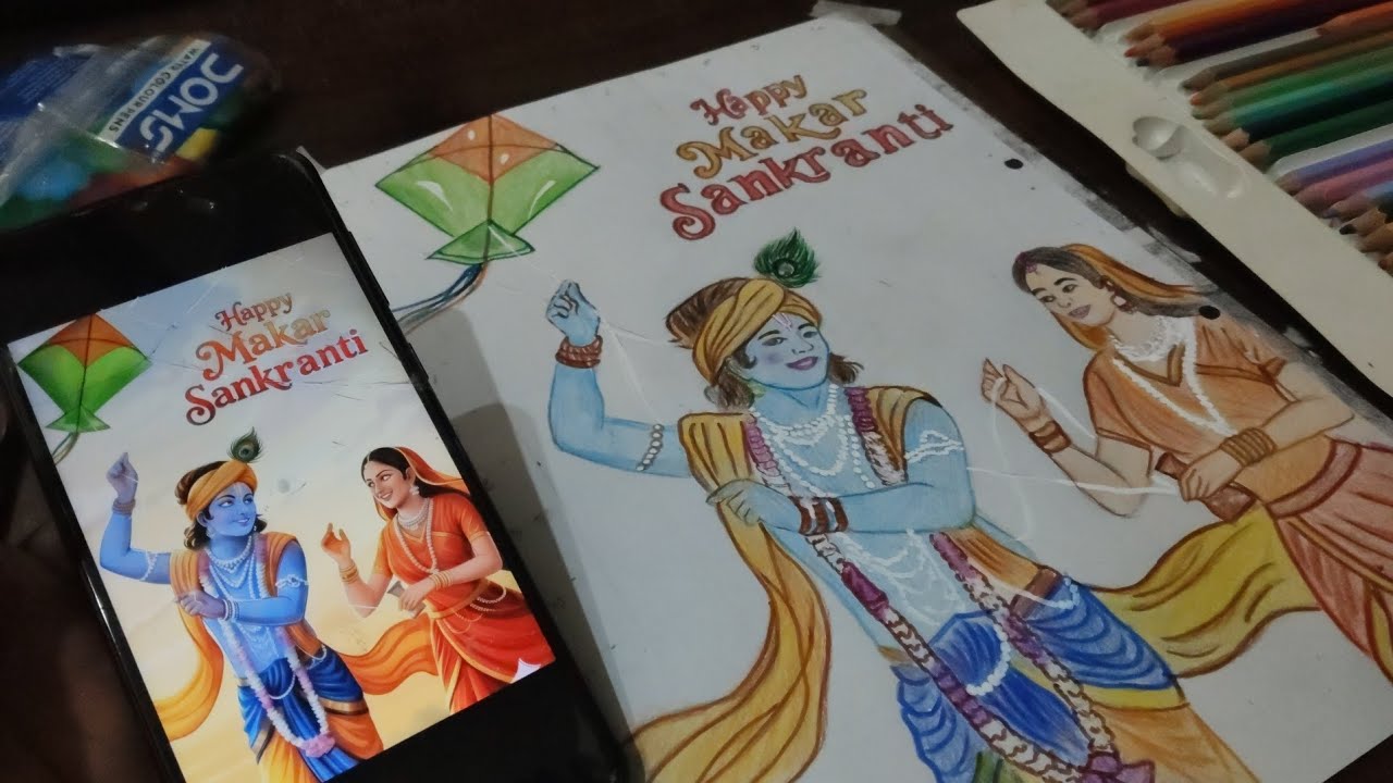 Radha Krishna Makar Sankranti Drawing Colour🪁, How To Draw Makar ...