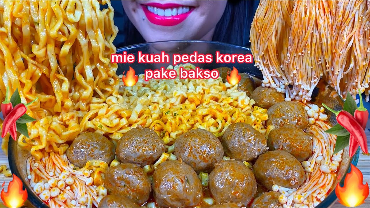 MAKAN MIE KUAH PEDAS KOREA PAKE BAKSO *SPICY MEATBALL NOODLES ASMR ...