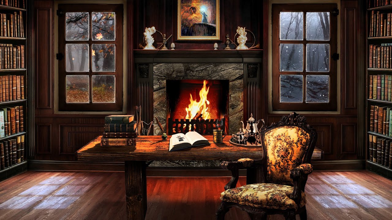 Cozy Library Ambience with Fireplace and Wind Noises (Winter and Autumn ...