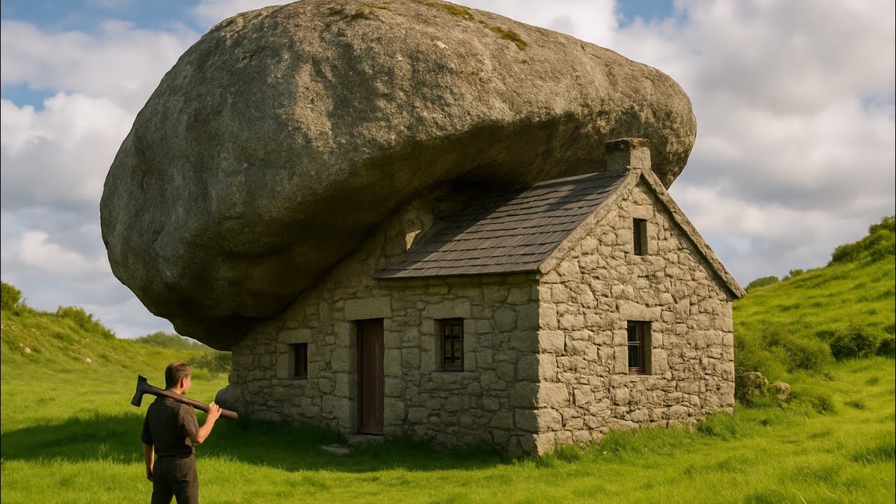 house under big rock, wooden door - YouTube